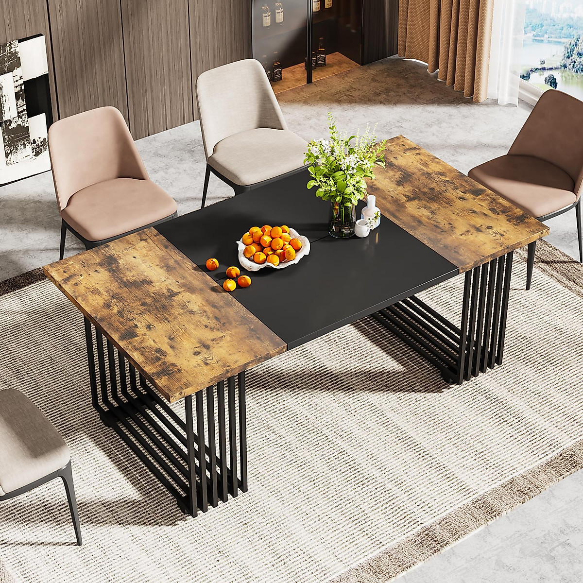 Tribesigns Dining Table for 6-8 People, 70.8'' Long Industrial Dining Room Table for Kitchen, Wood Kitchen Table with Black Metal Legs, Brown