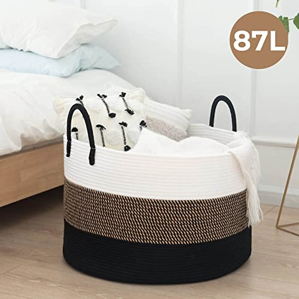 HiChen Large Woven Rope Basket With Handles, Blanket Basket Living Room, Baby Toy Nursery Storage Basket, Large Round Laundry Basket, 21.7 x 13.8 inches, 83L
