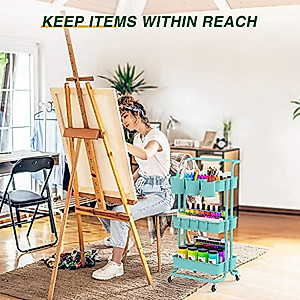 3-Tier Rolling Mobile Utility Cart with Hanging Cups & Hooks & Handle Multifunctional Organizer Storage Trolley Service Cart with Wheels Easy Assembly for Office, Bathroom, Kitchen (Blue)