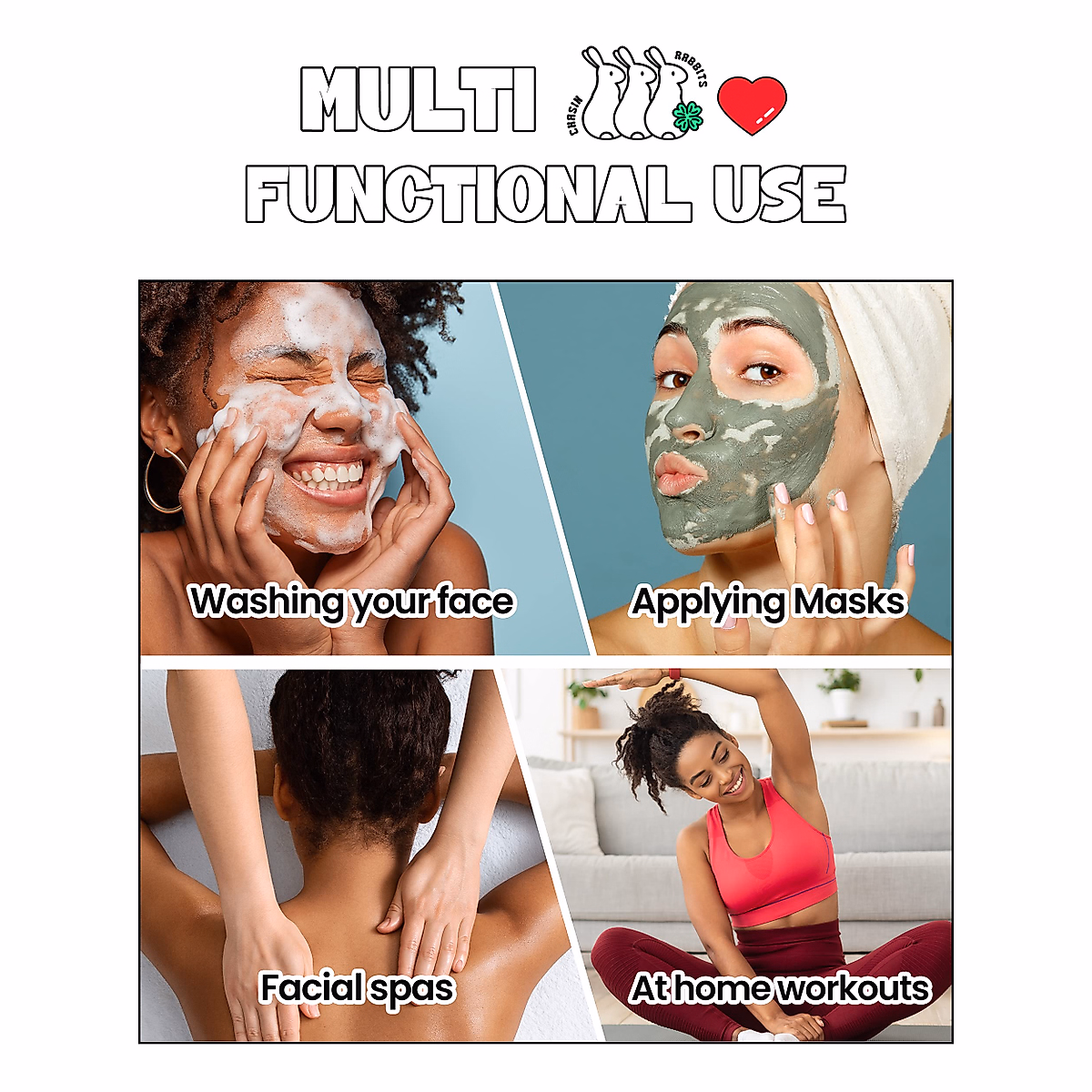 CHASIN' RABBITS Spa Hair Styling Headband - Black Rabbit | Skincare Makeup Accessory for Face Washing (8.26" x 5.5")