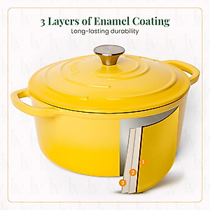 Larder & Vine Enameled Cast Iron Dutch Oven with Lid - Oversized Handles, Dome Lid, Dutch Oven for Sourdough Bread Making – 5.7QT/5.4L - (Limoncello)