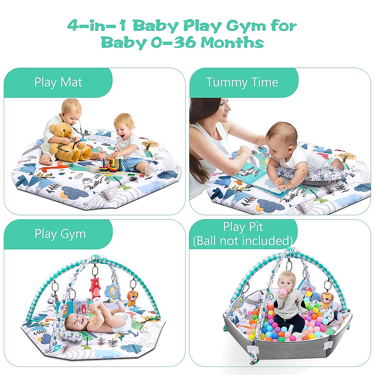 Bellababy Tummy Time Mat, 4-in-1 Baby Gym Activity Play Mat & Ball Pit, with High Contrast Toys & Self-Discovery Mirror & Tummy Time Pillow for Sensory and Motor Skill Development (Blue)