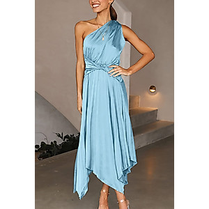 PRETTYGARDEN Women's Summer Long Satin Dress One Shoulder Sleeveless Ruched Twist Flowy Maxi Dresses (Light Blue,Small)