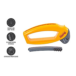 Smith’s 50582 Axe & Machete Sharpener - Axe, Machete, Hatchet, & Mower Tools - Large Handle w/ Finger Guard - Handheld Manual - Replaceable Carbide Blades - Wire-Bristled Cleaning Brush - Durable