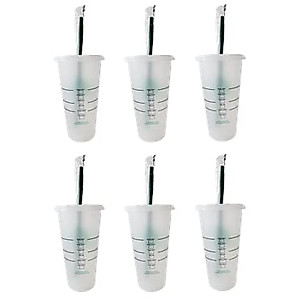 Starbucks 6 Pack Bundle - Reusable Frosted 24 oz Cold Cups with Lid and Green Straw w/ Stopper