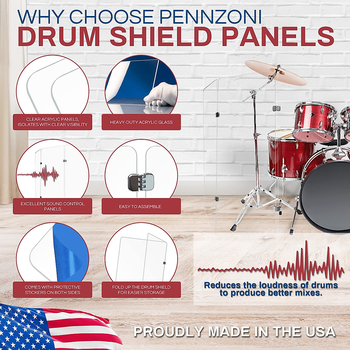 PENNZONI Drum Shield 5ft w/Chrome Hinges, Comes w/ 6 Drum Panels, & Chrome Hinges, Premium Clear Acrylic Panels, Drum Screen