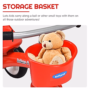 INFANS Kids Tricycle Rider with Adjustable Seat, Storage Basket, Premium Quiet Wheels, Non-Slip Handle (Green)