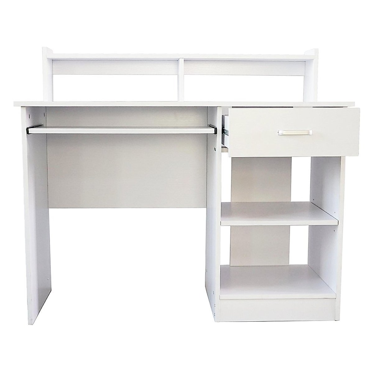 WISCLASS White Computer Desk with Built-in Keyboard Tray and Drawers