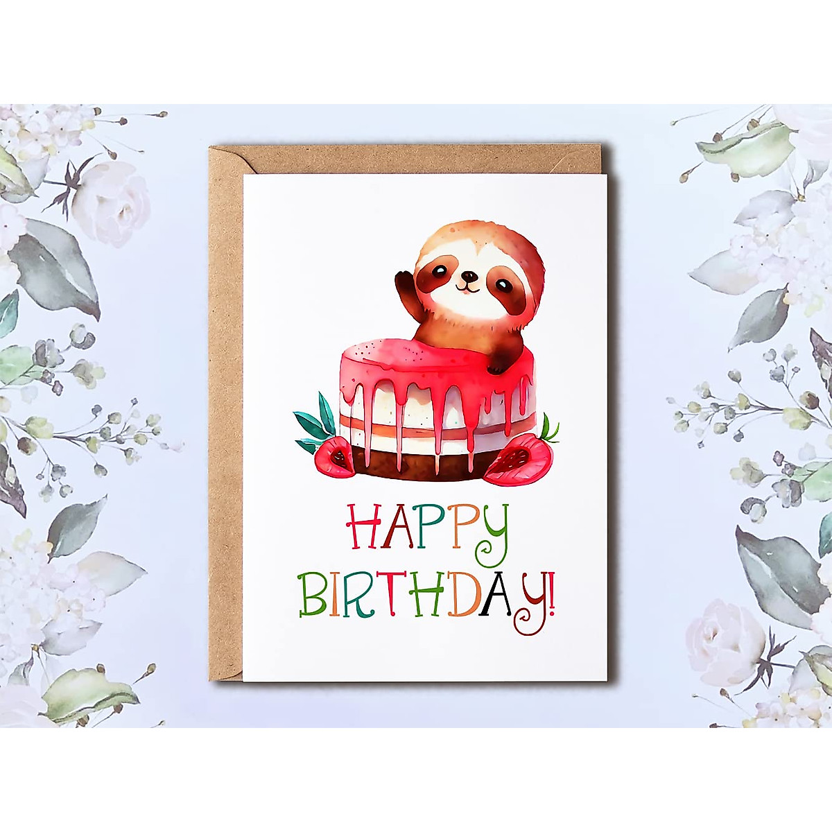 NTVShop Sloth Happy Birthday Card - Sloth Birthday Card - Birthday Card - Sloth Lover Gift - Sloth Cake Card - Cute Birthday Card