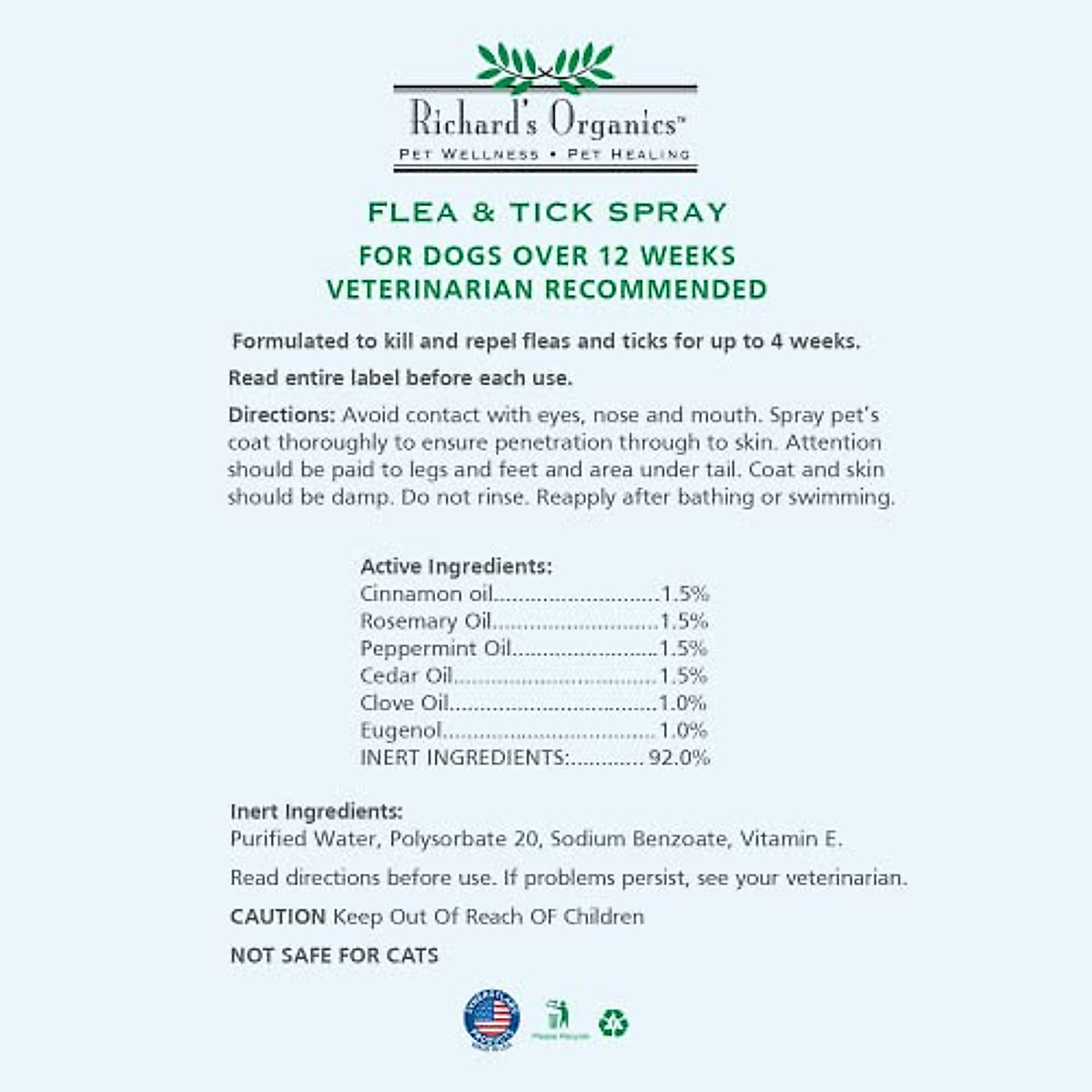 Richard’s Organics Gentle Flea and Tick Spray for Dogs –100% Natural Actives Kills Fleas, Ticks, Repels Mosquitos for Up to 4 Weeks – No Harsh Chemicals, Safe for Use Around Children (12 oz)