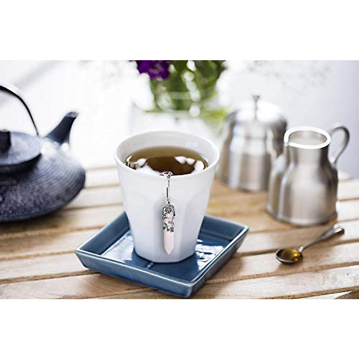 TeaSanavie 2 Pack Healing Crystal Pendant Loose Tea Steeper Tea Infusers Tea Strainers for Couple Gift,Antique Silver Flower Wrapped Natural Gemstone Hexagonal 18/8 Stainless Steel Fine Mesh Tea Ball