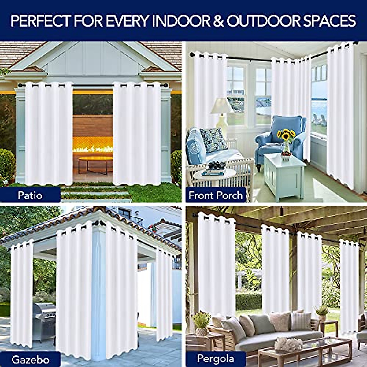 PureFit Outdoor Curtains for Patio Waterproof  Weatherproof, UV and Fade Resistant Outside Curtains for Gazebo, Front Porch, Pergola, Sun Blocking Privacy Curtain, 52W x 84L inch, 1 Panel, White