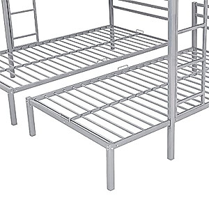 DEYOBED Full Over Twin & Twin Metal L-Shaped Triple Bed Bunk Bed with Built-in Shelf and 2 Ladders - Space-Saving and Organized Sleep Space for Kids, Teens, Adults
