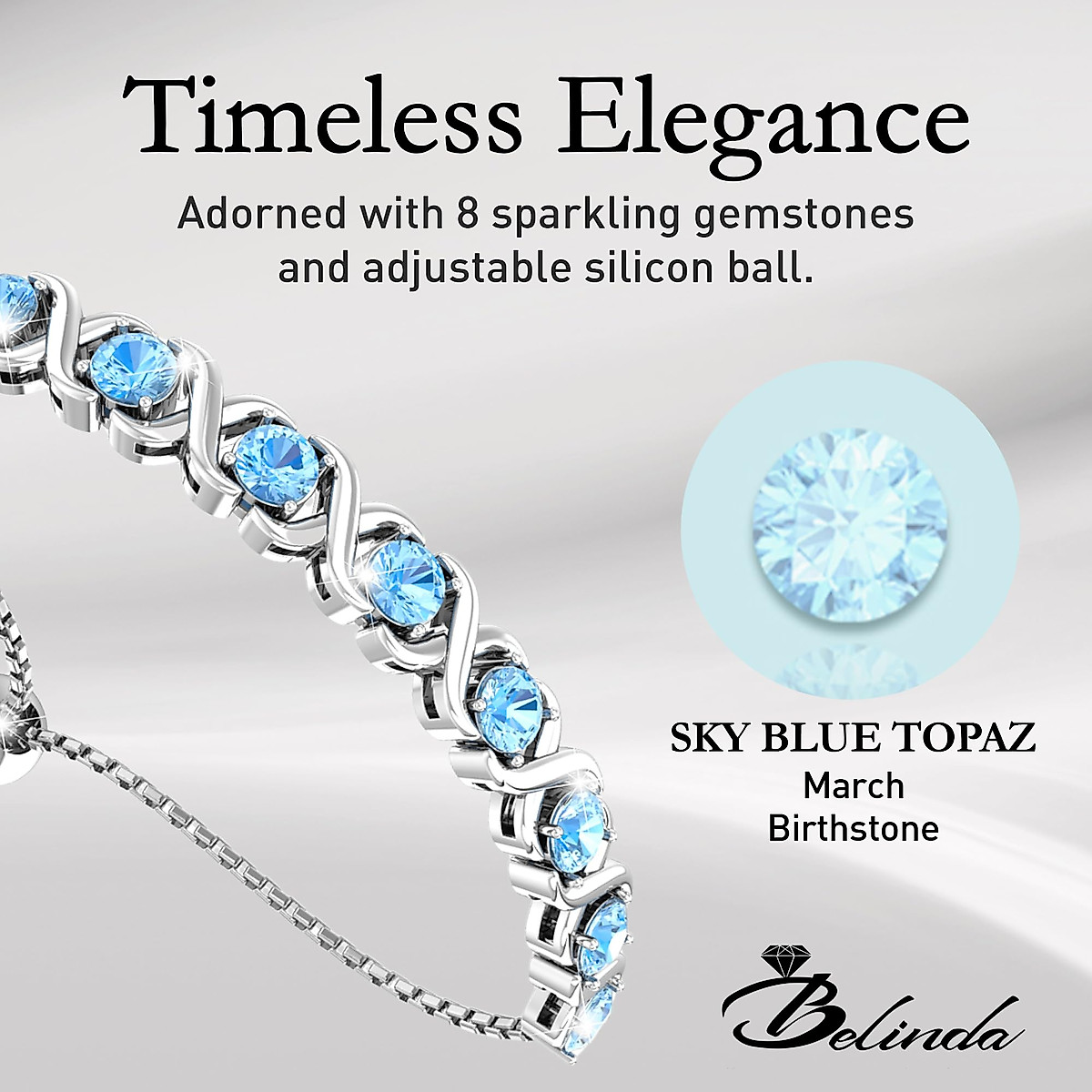 Belinda Jewelz - Birthstone Bangle Bracelet, Birthstone Bracelets for Women with 8 Round Stones, 925 Sterling Silver Adjustable Bracelet, Blue Topaz Birthstone Jewelry with Bolo Closure, 11”