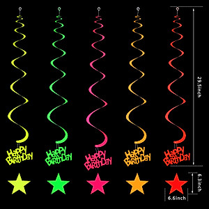 Glow Party Supplies Neon Party Supplies Set Glow in the Dark Happy Birthday Banner with UV Black Light Reactive Cake Topper Swirls Neon Fluorescent Latex Balloons Neon Stars for Birthday Glow Party