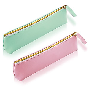 TIESOME Leather Pen Pencil Case, 2PCS Cute Slim Pen Bag Small Pencil Pouch Lovely Stationery Bag Portable Cosmetic Bag Zipper Bag for Pen Pencils Markers(Green+Pink)