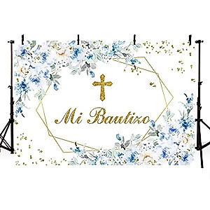 ABLIN 7x5ft Mi Bautizo Backdrop Mexican Baptism Party Decorations God Bless Boy First Holy Communion Banner Blue Flower Background Christening Newborn Baby Shower Decor Props, CQ304