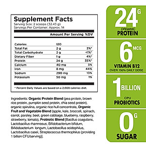 Plantvital Unflavored Organic Vegan Protein Powder - 15 Superfoods, Veggies and Probiotics - Organic Plant-Based Protein Powder - All BCAA’s, Gluten Free - 16oz -1 Pouch