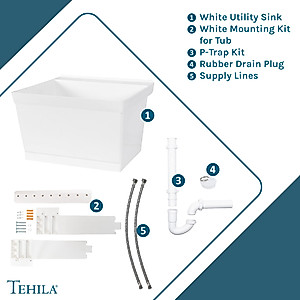 JS Jackson Supplies Tehila White Wall-Mounted Utility Sink Tub Kit, Wall-Mounted Utility Tub with Wall Bracket, Floating Utility Sink for Laundry Room, Garage, Workshop, and More