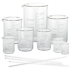 Ackers Boro3.3,Griffin Low Form Scientific Glass Beaker Set-25ml,50ml,100ml,200ml,250ml,400ml,500ml,1000 mL (Pack of 8) 丨4 Stirring Rods