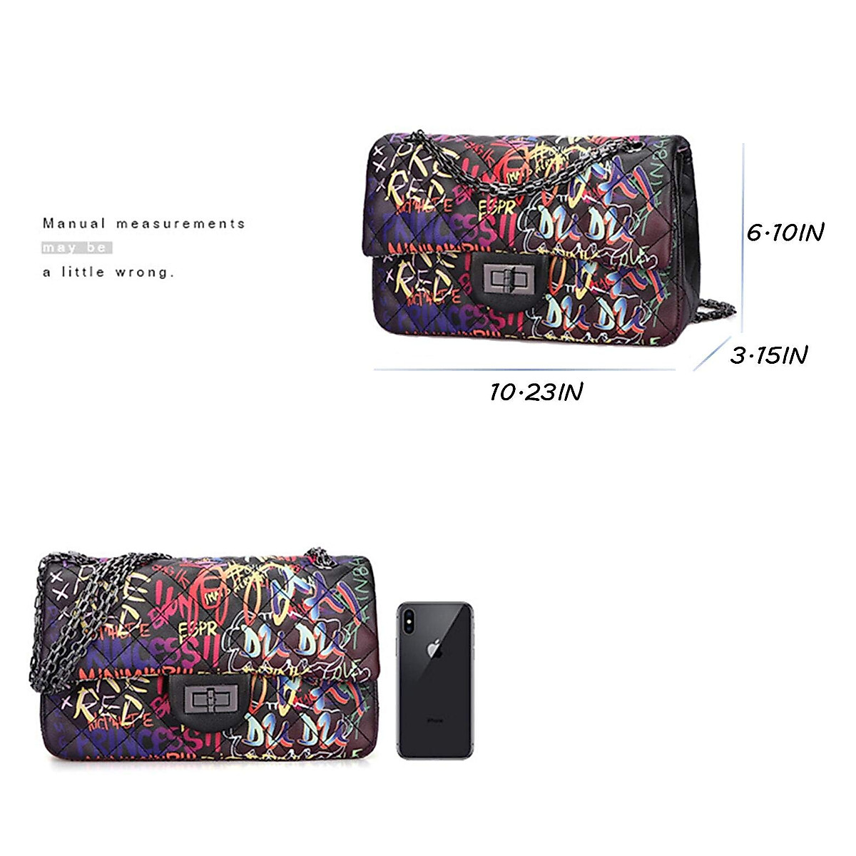 Wxnow Quilted Crossbody for Women PU Leather Shoulder Bags Purse with Chain Strap Handbags Black Graffiti