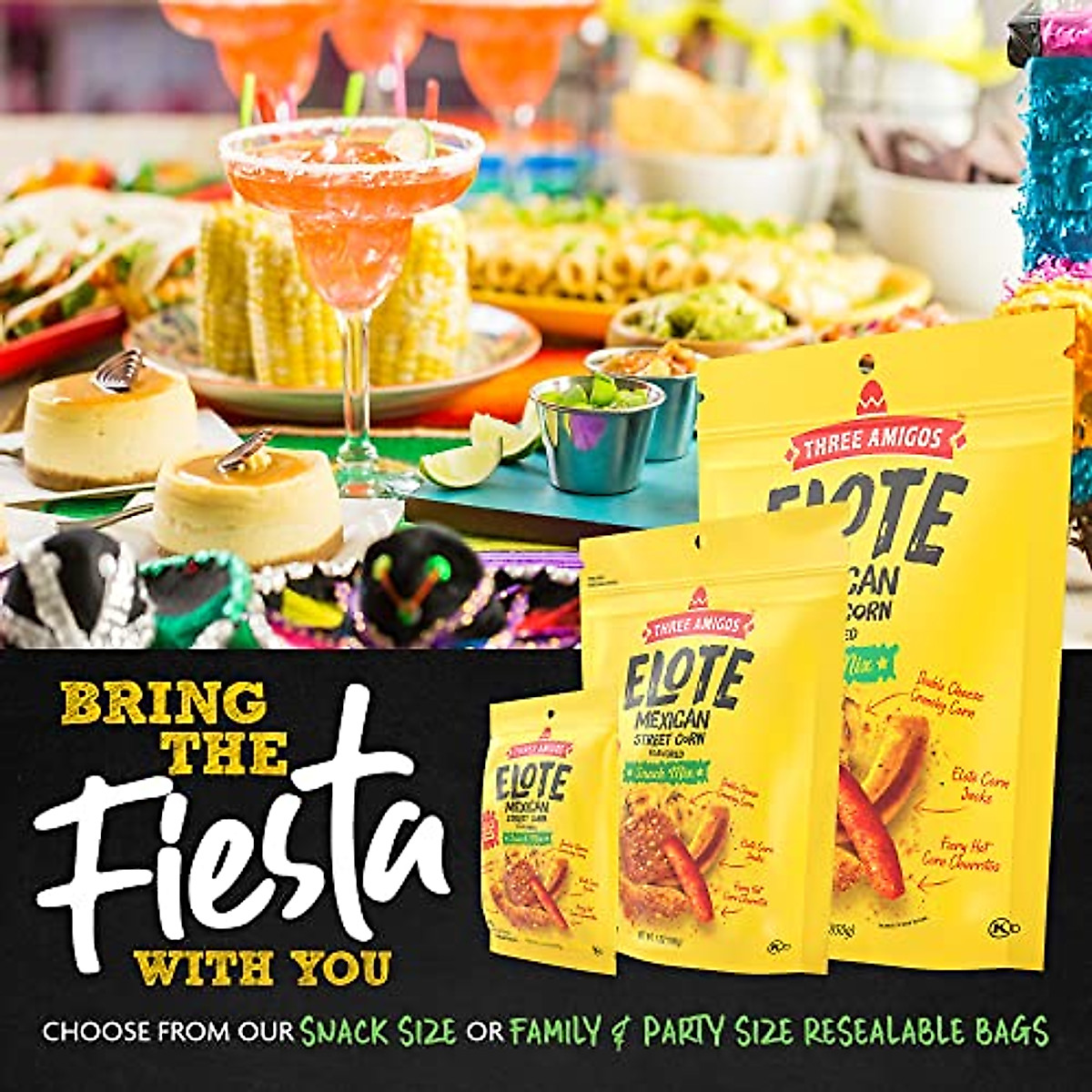 Three Amigos - Elote Mexican Street Corn Snack Mix- Deliciously Crunchy, Tangy, Hot, Sweet & Spicy Snacks - Gourmet Roasted Variety Food Snacks for Adults and Kids (Elote 30 oz)