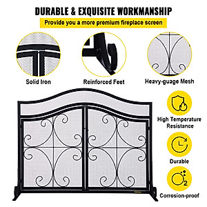 VEVOR Fireplace Screen, 39 x 26.6 Inch, Double Door Iron Freestanding Spark Guard with Support, Metal Mesh Craft, Broom Tong Shovel Poker Included for Fireplace Decoration & Protection, Black