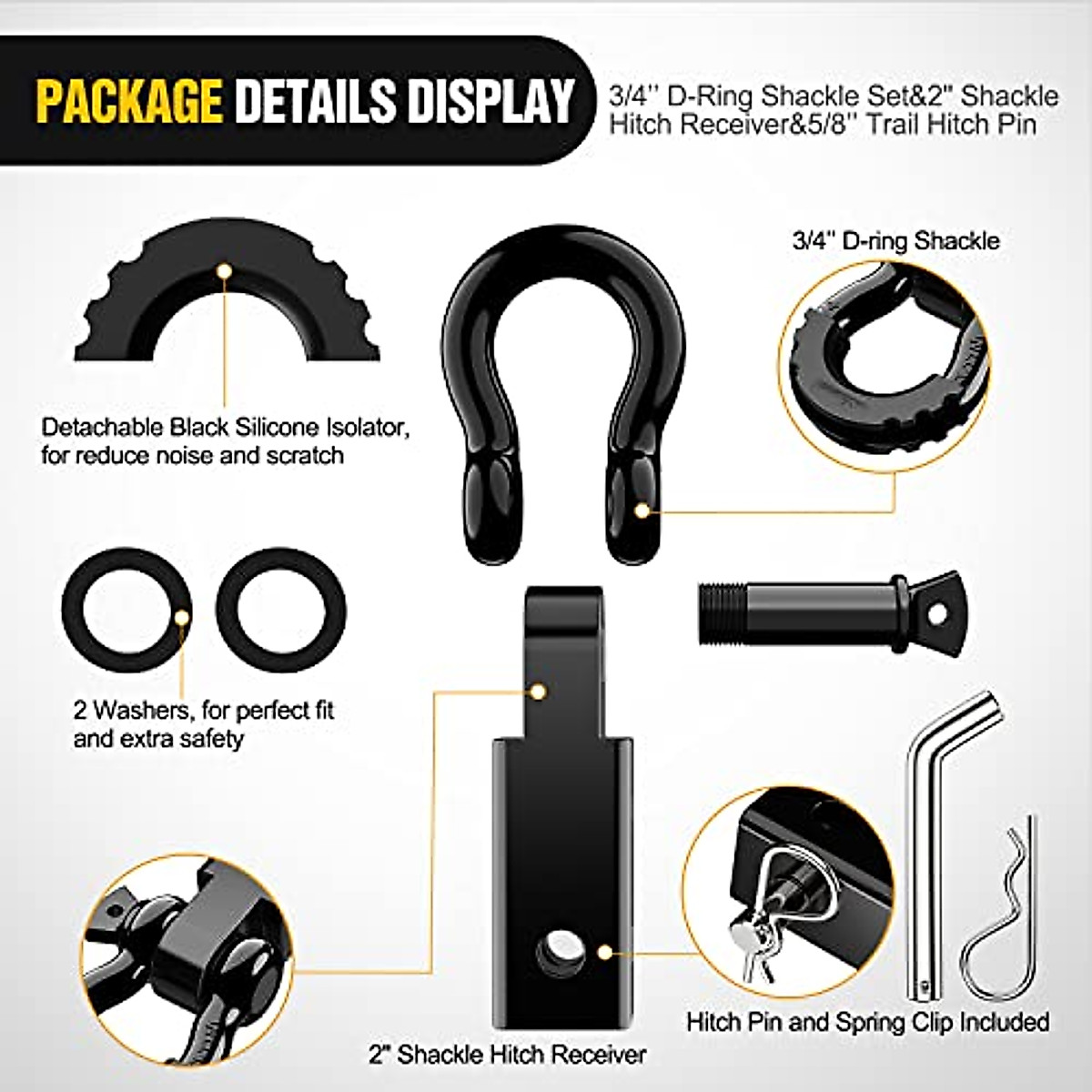 Nilight Shackle Hitch Receiver 2Inch 45000 LBs Breaking Strength 3/4" D Ring Shackle w/Trailer Hitch Pin Heavy Duty Solid Recovery Towing Kit for Trucks Jeeps Off-Road,2 Years Warranty