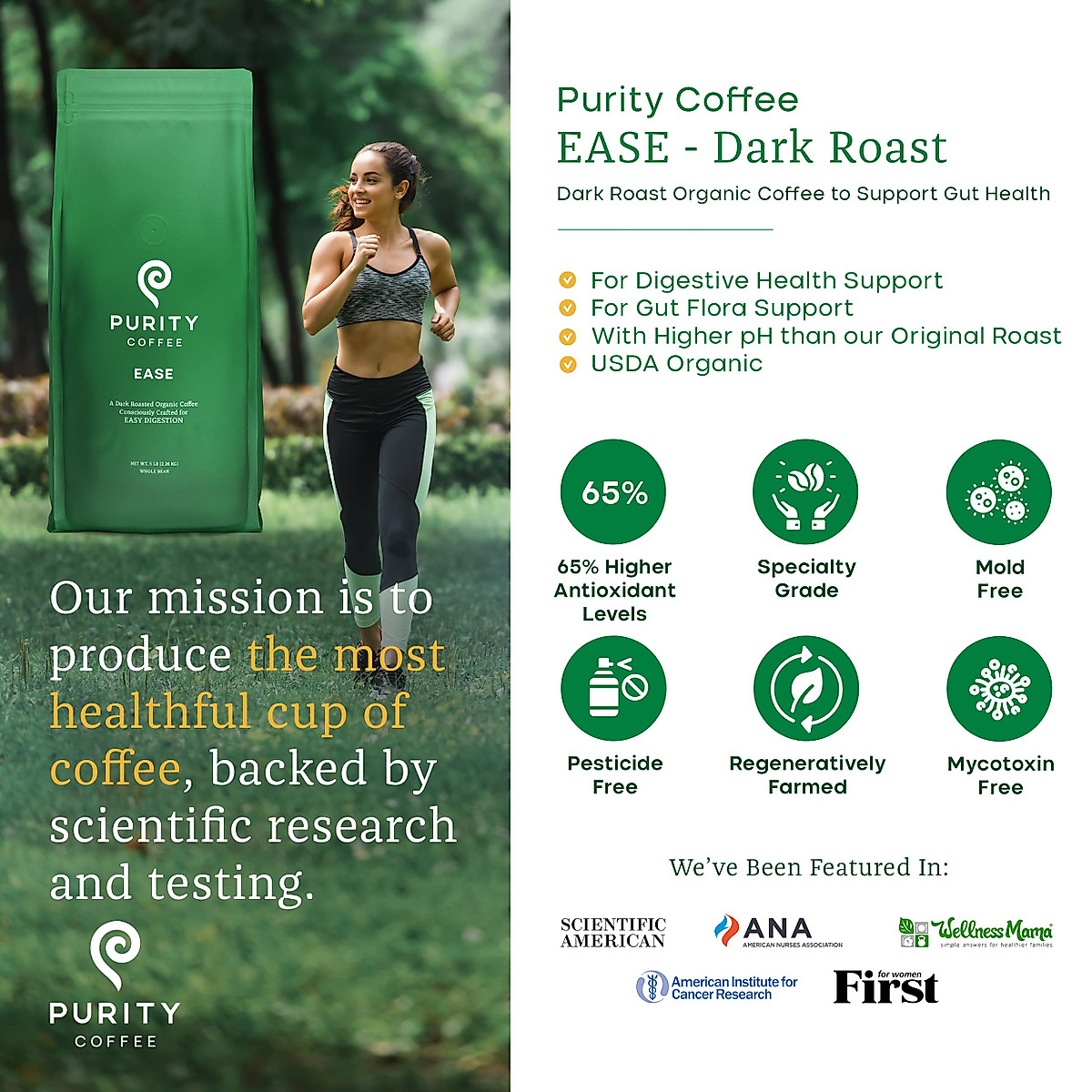 Purity Coffee EASE Dark Roast Low Acid Organic Coffee - USDA Certified Organic Specialty Grade Arabica Whole Bean Coffee - Third Party Tested for Mold, Mycotoxins and Pesticides - 5 lb Bag