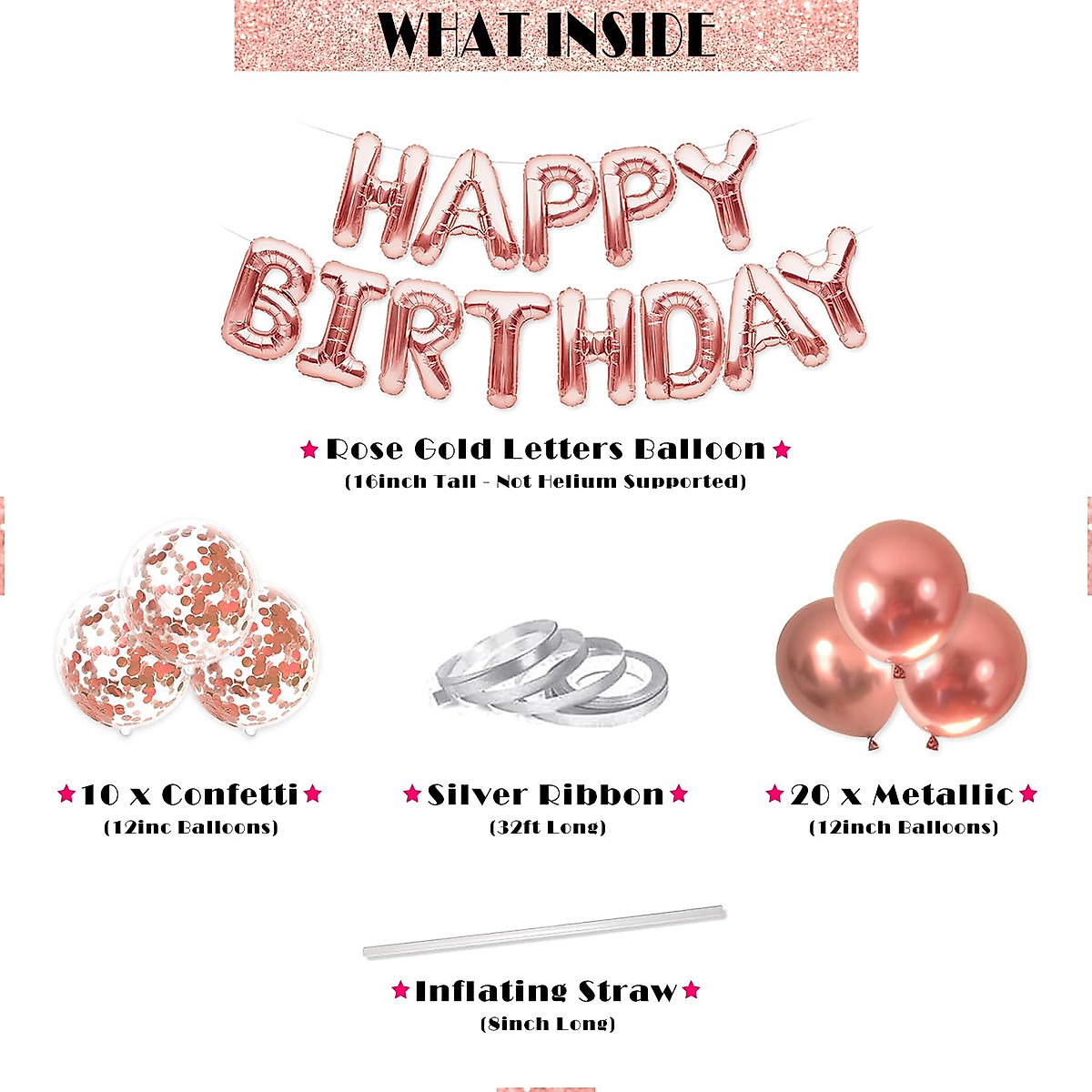 PartyForever Rose Gold Happy Birthday Balloons 16inch Letters Banner for 21st, 30th, 40th, 50th or 60th Birthday Birthday Party Decorations and Supplies for Girls and Women