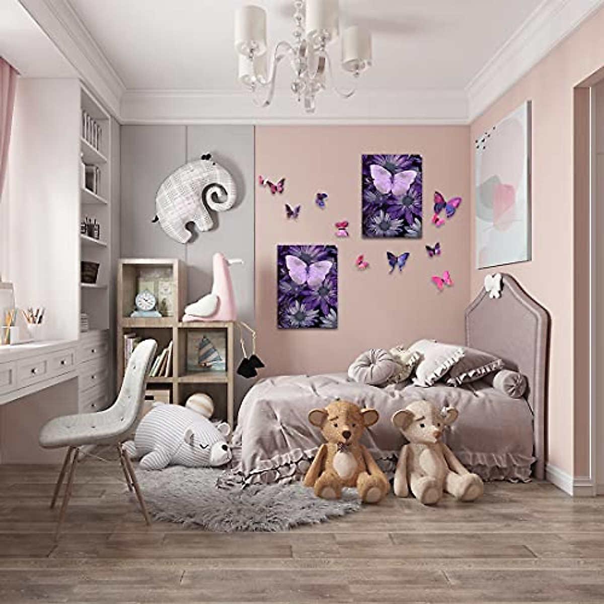 Purple Butterfly Painting Giclee Print on Canvas, Stretched and Framed, Modern Home Decoration for living room, bedroom, bathroom decor Wall Art,12 By 16Inch,Ready To Hang