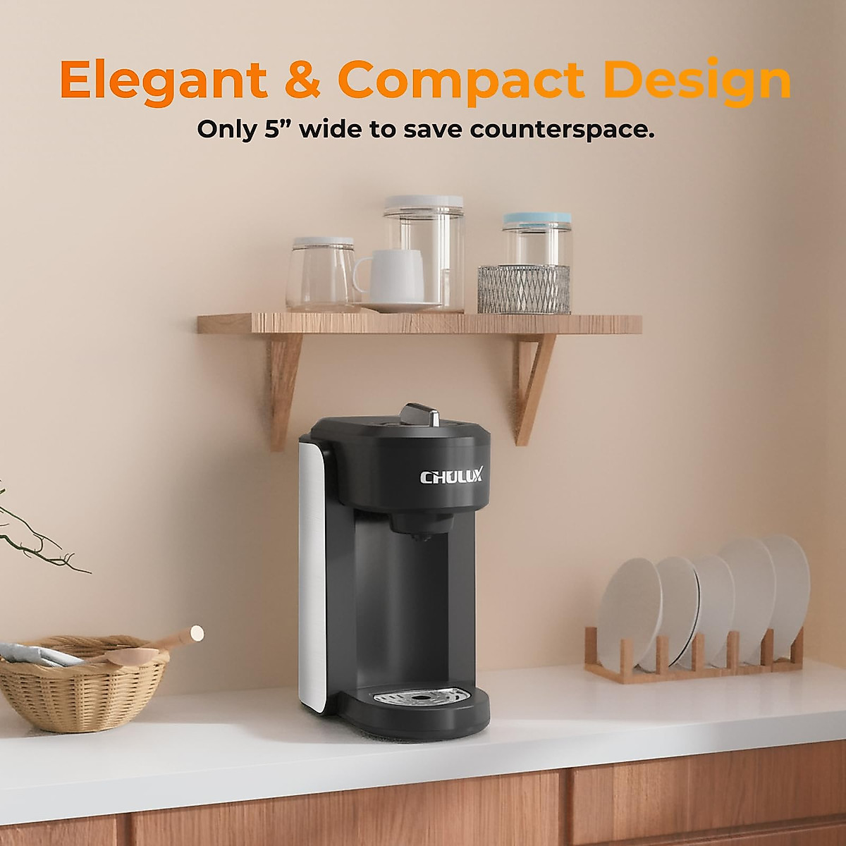 CHULUX 1000W Compact Single Serve Coffee Maker, Instant One Cup Coffee Pod Maker for K Cup & Ground Coffee, Stainless Steel Capsule Coffee Machine, 90s Fast Brewing