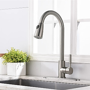Friho Modern Brushed Nickel Single Hole 1 Handle Stainless Steel Pull Down Sprayer Kitchen Faucet, Pull Out Kitchen Sink Faucet Swivel Spout with Deck Plate