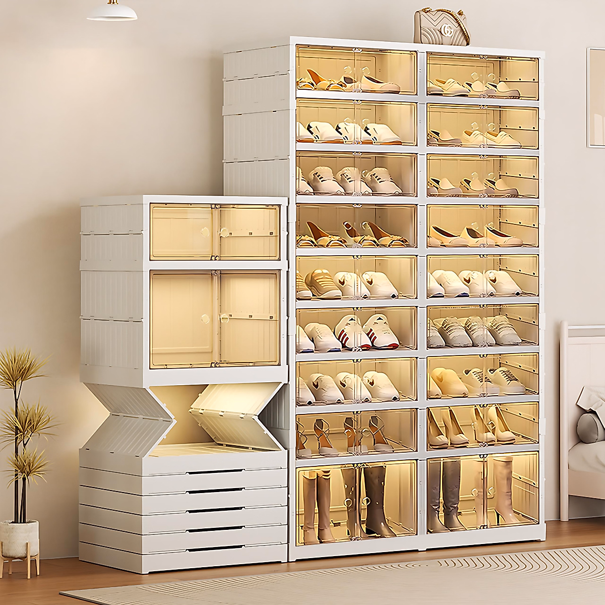 9-Tier Foldable Shoe Rack Organizer for Closet with Wheels, 36-40 Pairs Collapsible Shoe Storage Cabinet with Lids and Magnetic Clear Door, Large Capacity Stackable Shoes Boxes Shelf for Entryway