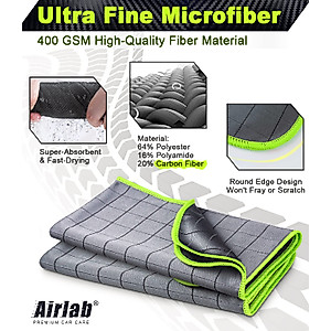 Airlab Carbon Microfiber Towels for Car Glass Window Polishing Cleaning Cloth Auto Detailing Lint Free Streak Free Drying Car Wash Large Towel, Pack of 2, 20"x16", 400GSM
