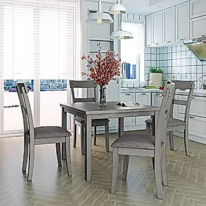 Merax Wooden Dining Table Set Retro Style Kitchen Table Set 5 Piece Table Set for 4, Table and 4 Chairs Home Kitchen Furniture Dinette Set,Gray