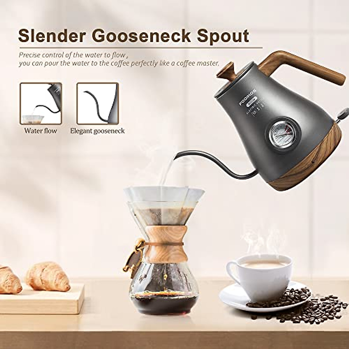 Fooikos Gooseneck Electric Kettle with Thermometer - 1.0L 304 Stainless Steel Water Kettle for Coffee and Tea Brewing -800W Fast Heating in 4 Minutes(Grey)