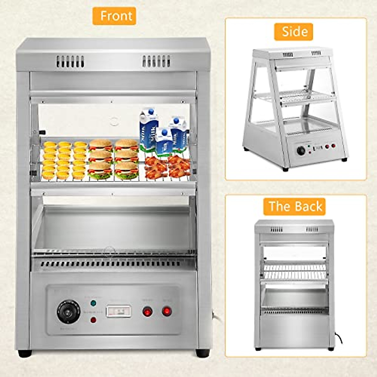 WSSEY Commercial Food Warmer Display, Countertop Pizza Warmers Display Pastry Patty Warmer,Stainless Steel Heated Cabinetsuitable for Restaurants,2-Tier 110V