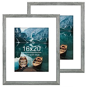 Hongkee 16x20 Frames Set of 2, Rustic Grey Wood Style - Display 16 x 20 Picture without Mat or 11x14 Picture with Mat, Wall Mounting Horizontal and Vertical