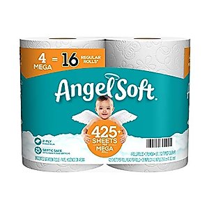 Angel Soft® Toilet Paper, 4 Mega Rolls = 16 Regular Rolls, 2-Ply Bath Tissue