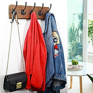 SKOLOO Rustic Wall Mounted Coat Rack: 16-inches Hole to Hole, Pine Solid Wood Coat Hook Hanger - 5 Hooks for Hanging Clothes Robes Towels Coats
