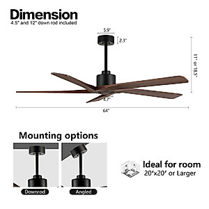 WINGBO 64 Inch DC Ceiling Fan without Lights, 5 Reversible Carved Solid Wood Blades, 6-Speed Noiseless DC Motor, Ceiling Fan No Light with Remote, Matte Black Finish with Walnut Blades, ETL Listed