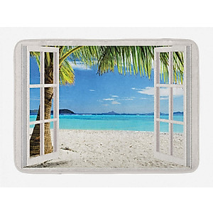 Nichpedr Turquoise Tropical Palm Trees on Island Ocean Beach Through White Wooden Windows Entrance Way Rugs Doormats Soft Non-Slip Washable Bath Rugs Floor Mats for Home Bathroom Kitchen 16x24 Inch