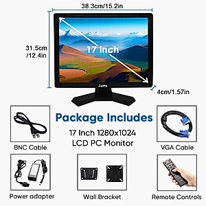 JaiHo 17 Inch PC Monitor TFT LCD Monitor - 1280 x 1024 Resolution 4:3 HDMI Monitor Color Display Screen with HDMI/VGA/BNC/AV/USB Earphone Input, Built-in Dual Speakers, Black
