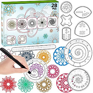 Spiral Art Clear Gear Geometric Ruler 28 Pcs Spiral Circle Template for Drawing Plastic Template Ruler Drawing Toys Spiral Curve Stencils with Pens Paper for Drawing DIY Art Crafts Sketch Creation