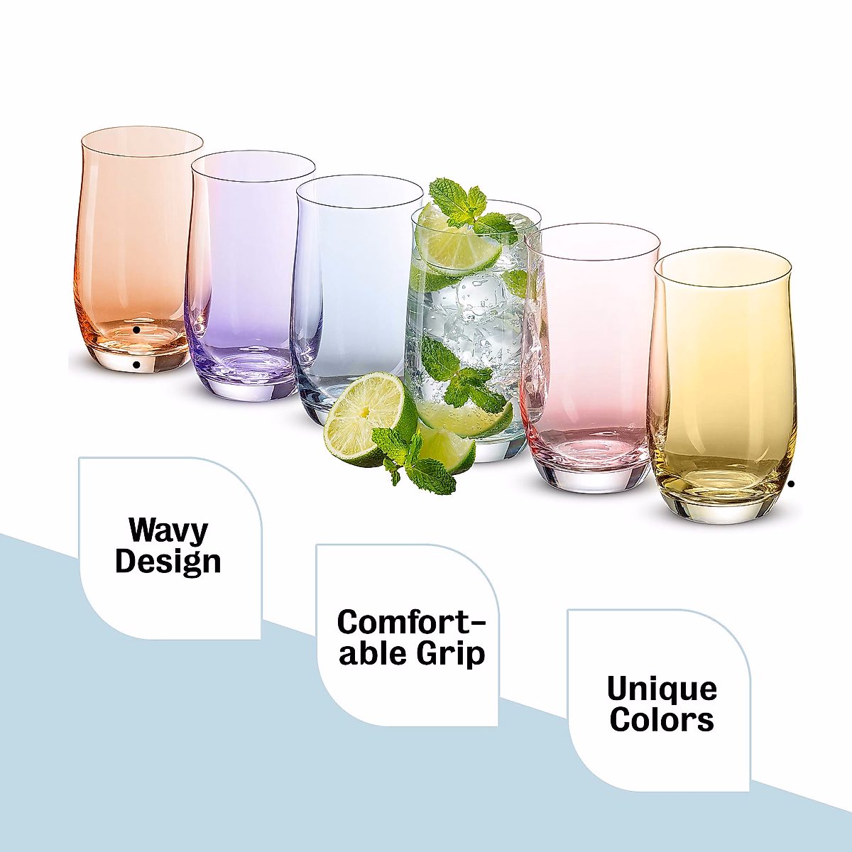 Colorful Drinking Glasses [Set of 6 | 14 Ounces]Colored Glass Cups with Heavy Weighted Base, Multi-Colored Glasses, Drinking Cups, Beer Glasses, Highball Glasses, Glass Tumbler, Cocktail Mixing Glass