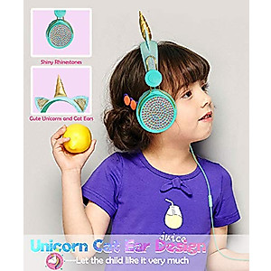 Girls Pink Unicorn Wired Headphones,Cute Cat Ear Kids Game Headset for Boys Teens Tablet Laptop PC,Over Ear Children Headset withMic,for School Birthday Xmas Gifts (Unicorn-Green)