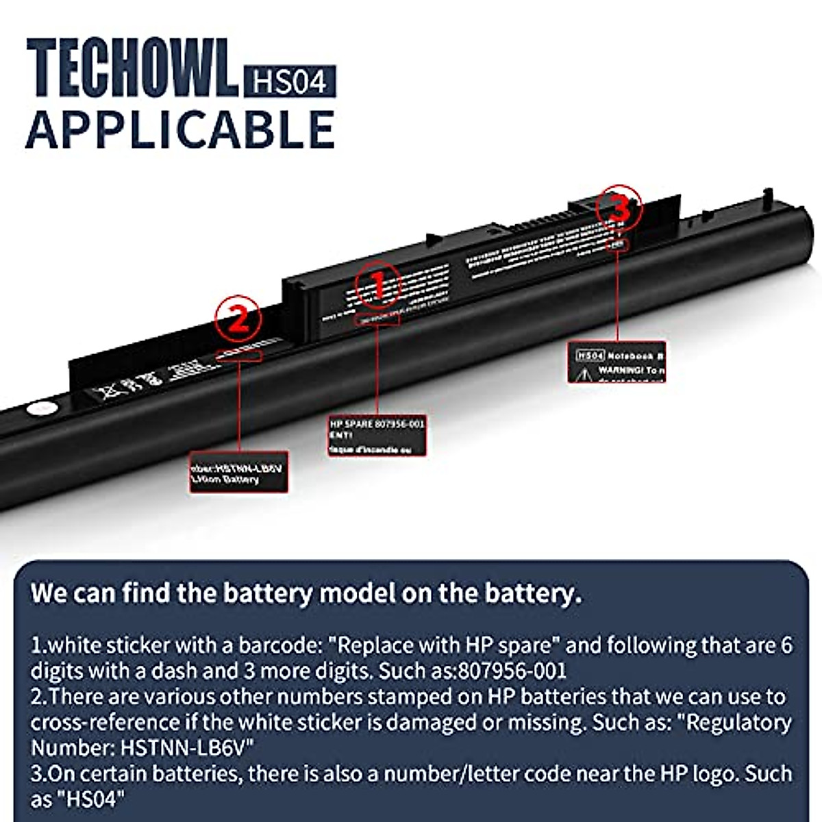 807956-001 Replacement Battery For Hp Laptop Battery, TECHOWL HS03 Battery Compatible With HP Spare 807956-001 laptop battery 807957-001 HP Battery HS04 - High-Performance Spare Battery [2600mAh/38Wh]