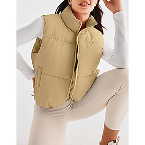 MEROKEETY Women's Quilted Puffer Vest Lightweight Stand-up Collar Soild Color Warm Outewear, Khaki, Small