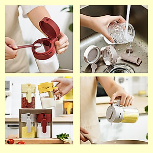 Multifunctional Seasoning Box, Clear Glass Seasoning Jar with Lid and Spoon, Seasoning Container for Home Kitchen with Storage Rack (4-Color-A)